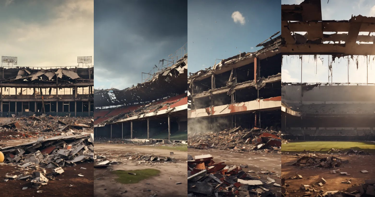 Lexica - Destroyed football stadium building, cinematic