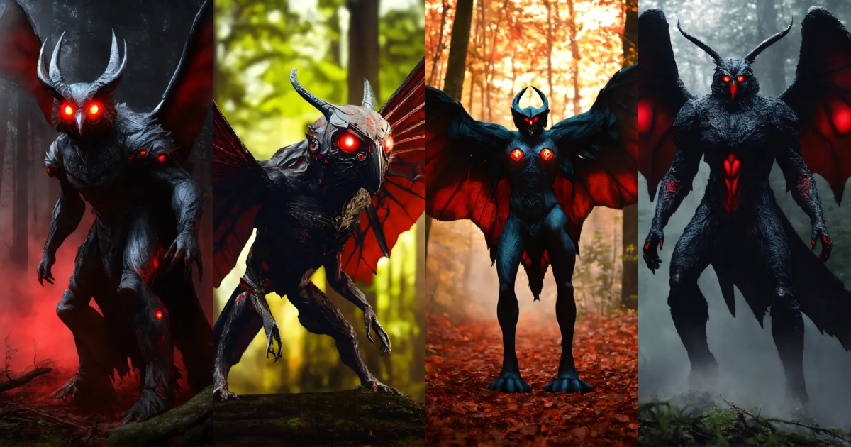 Lexica - Mothman froma legend. with mouth. only face. woods. fog. red ...