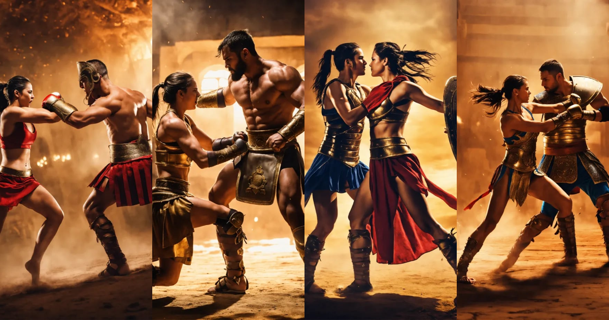 Lexica - Athletic female gladiator defeating male gladiator by punching male gladiator with her ...
