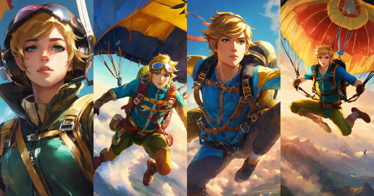 Lexica - Portrait of Link skydiving with a paraglider, in a black and ...