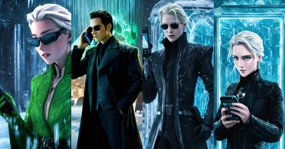 Lexica - Frozen neo from the matrix calling on an ice phone