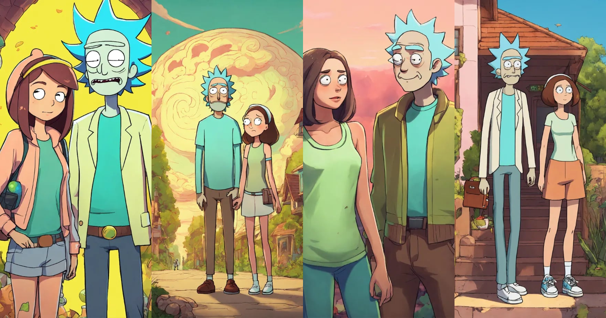 Lexica - Cute man and buatiful girl , style from Rick and Morty carton