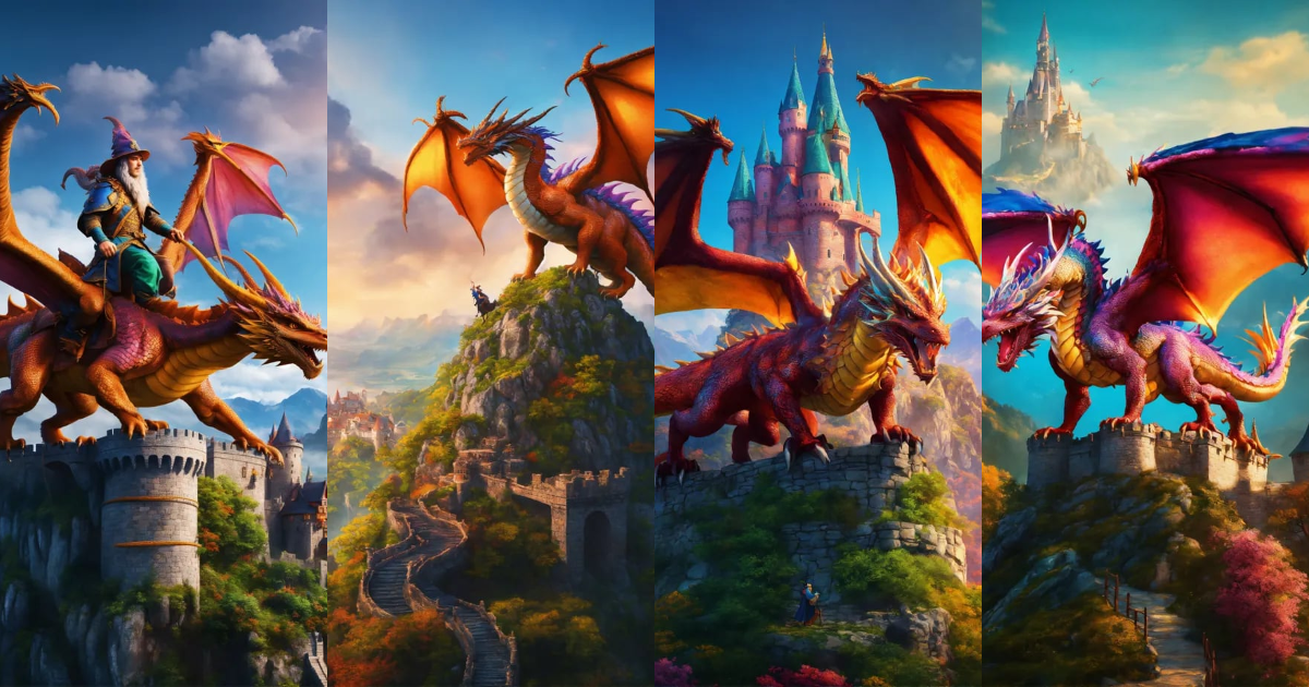 Lexica - A beautiful full body colorful dragon with a wizard riding on ...