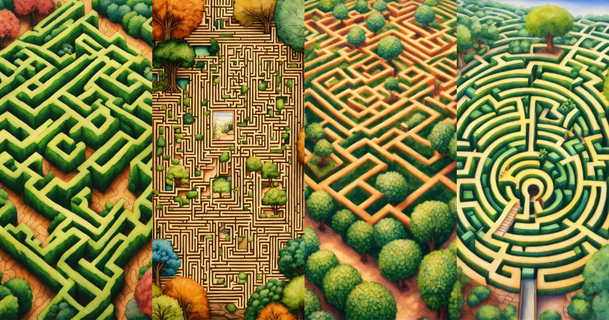 Lexica - Colored pencil drawing of a large maze of trees and leaves ...