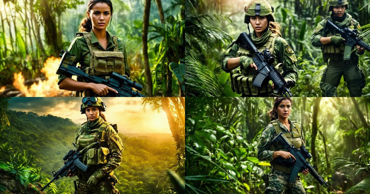 Lexica - Female commandos in jungle, perfect face, full camouflage, HDR ...
