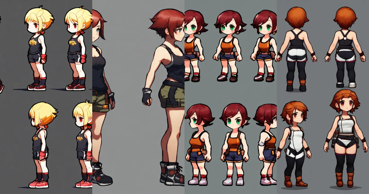 Lexica - Game assets, sprite sheet, girl, short hair, tank top, shorts ...