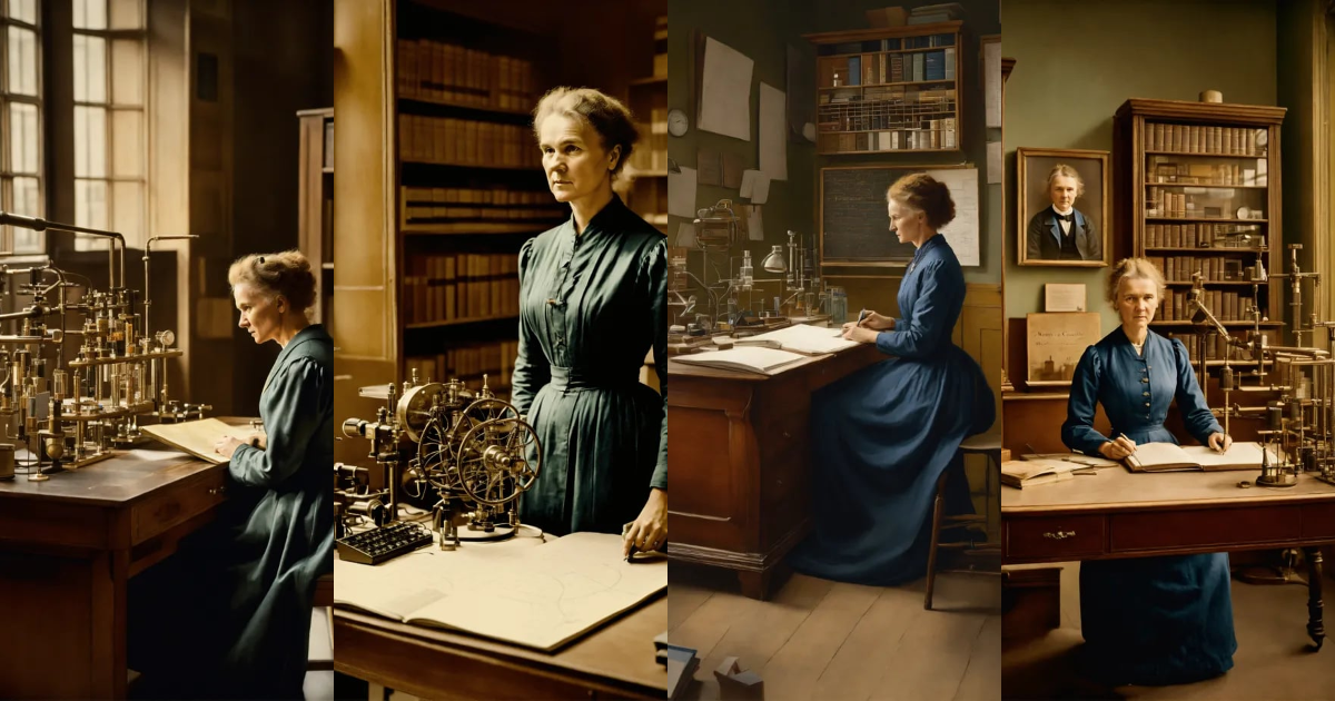 Lexica - Créez une image réaliste de Marie Curie dans son bureau de ...