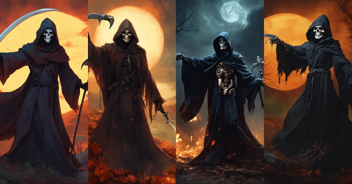 Lexica - A grim reaper with his arm outstretched and pointing to the right