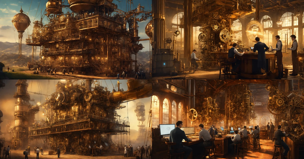 Lexica - In this steampunk-inspired picture, a team of engineers and ...