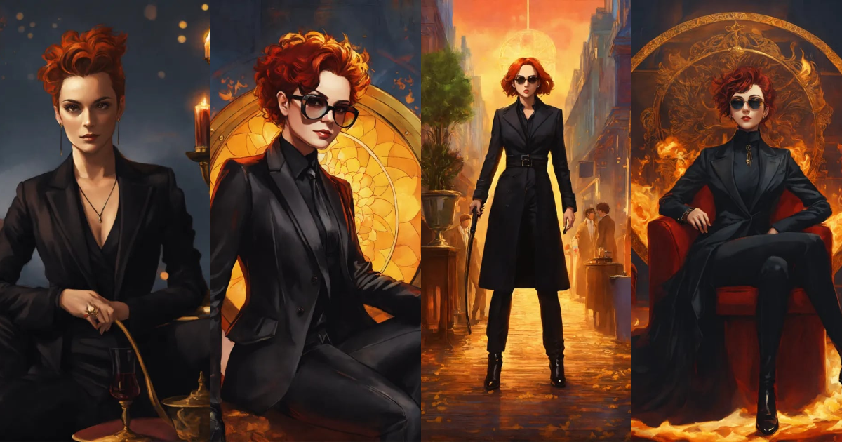 Lexica - Good omens as woman, female Crowley wearing black clothes suit