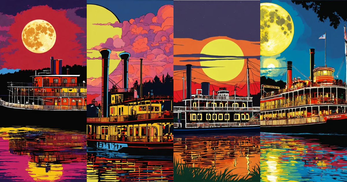 Lexica - Paddlewheel steamboat, full moon, river, pop art