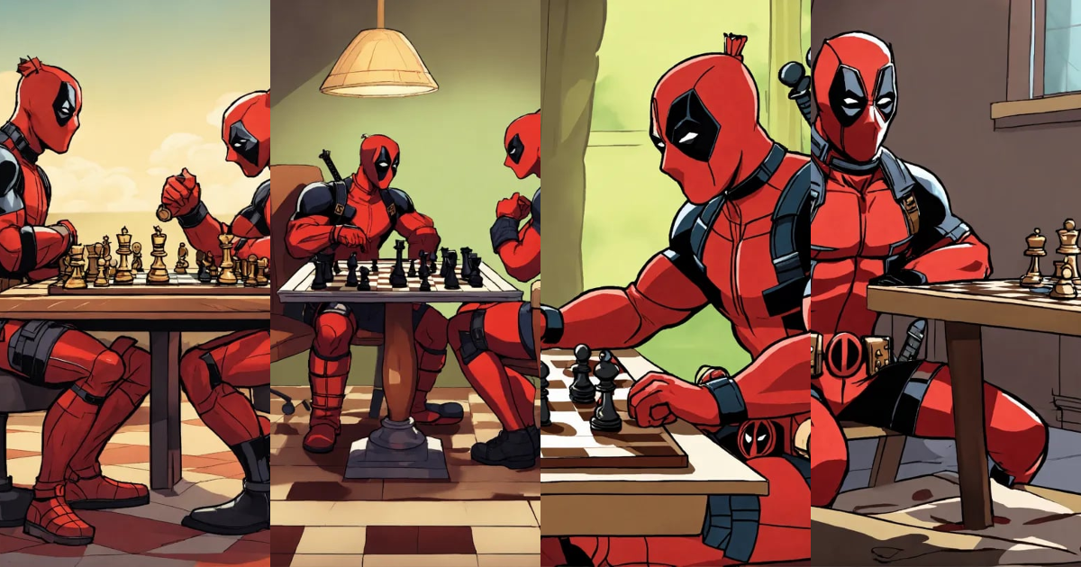 Lexica - Deadpool playing chess, cartoon style.