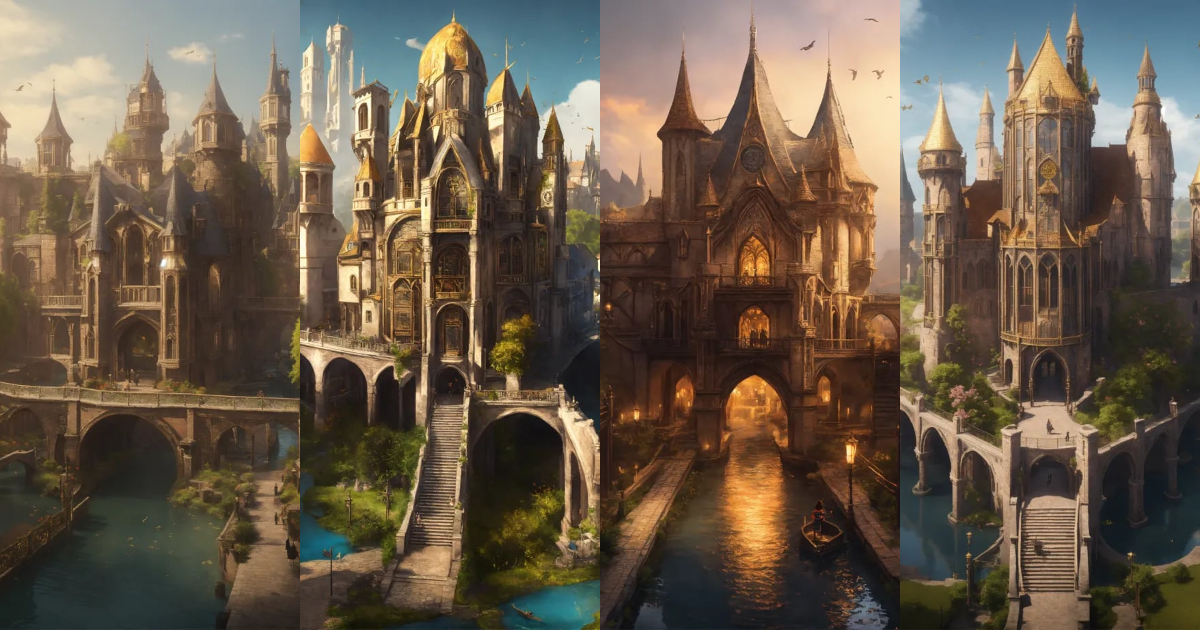 Lexica - Bird-view of a small fantasy city with a massive gothic ...