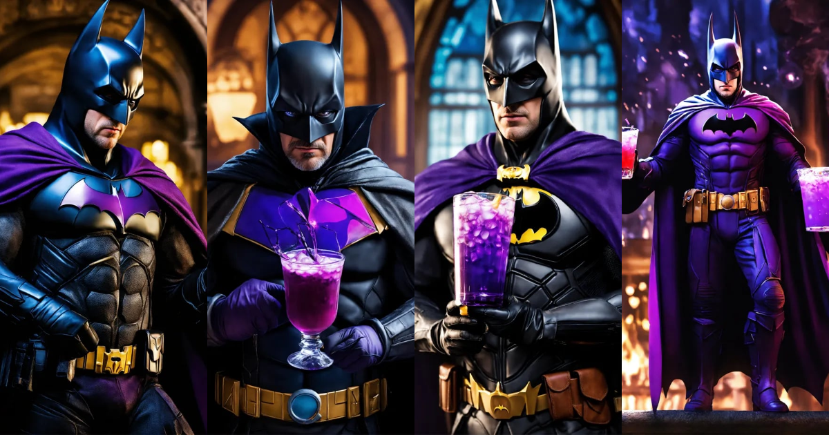 Lexica - Photorealistic picture of wizard batman holding a purple drink