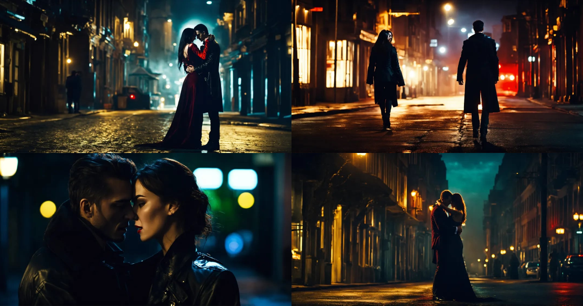 Lexica - Cinematic look, dark urban city street by night, dim light ...