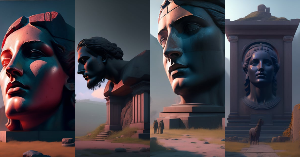 Lexica - Big huge statue with Greek and roman head of stone lying split ...