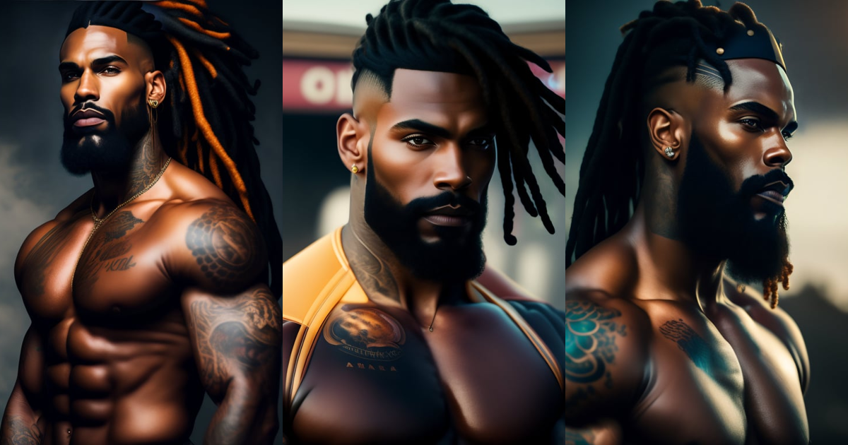 Lexica - Cuban, boxer-brief model, dreads, tattoos, 8k portrait, highly ...