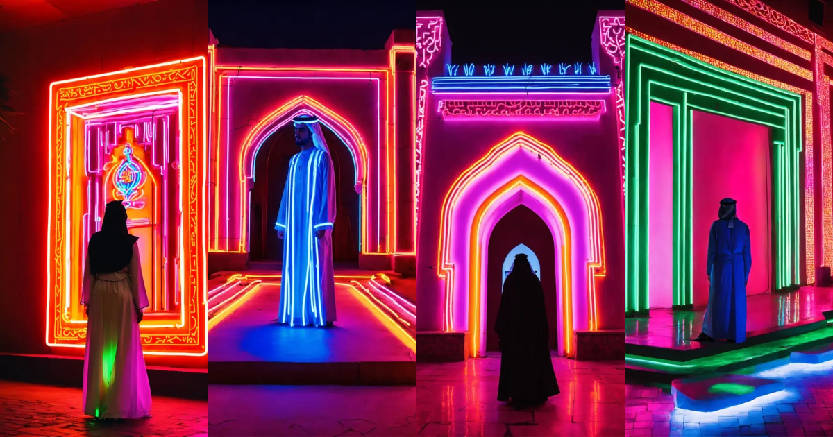 Lexica - Saudi shapes neon light on an esorts venue wall, arabian pop ...