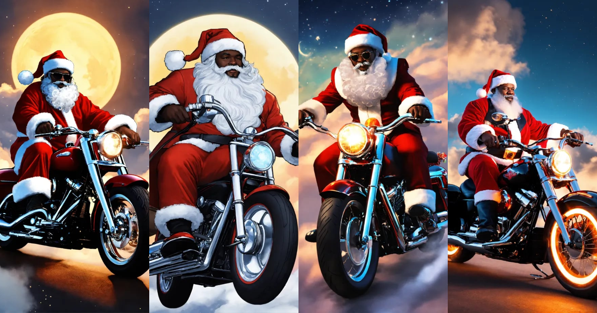Lexica - Black Santa riding a Harley motorcycle with glowing tire rims ...