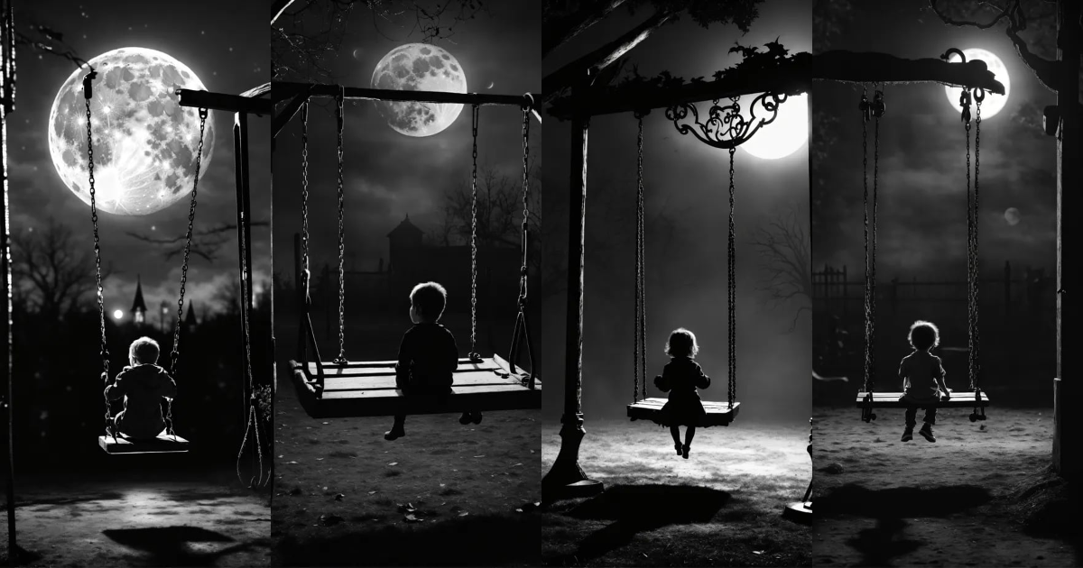 Lexica - Photorealistic, black and white, deep night, dark playground ...