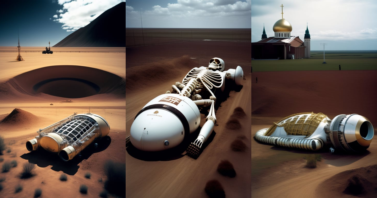 Lexica - The skeleton of a crashed Soviet cosmonaut in a spacesuit lies ...