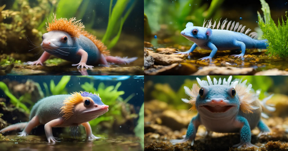 Lexica - Looking at the camera, A smiling axolotl with feathery gills ...