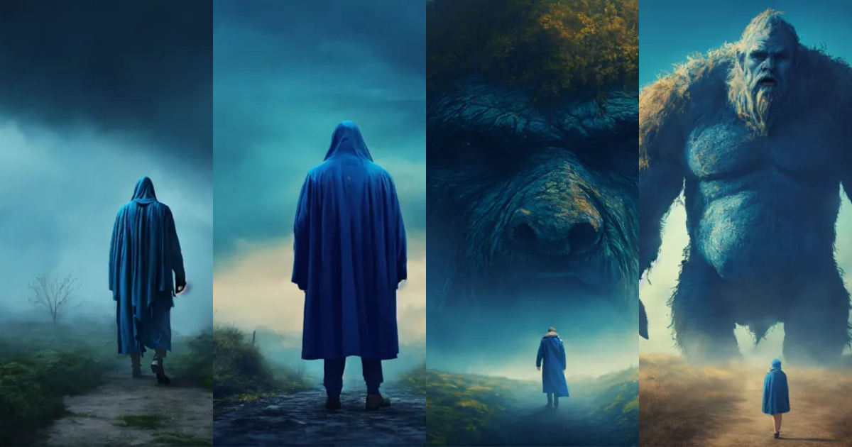 Lexica - Scared giant, blue background, realism photo, mystery atmosphere