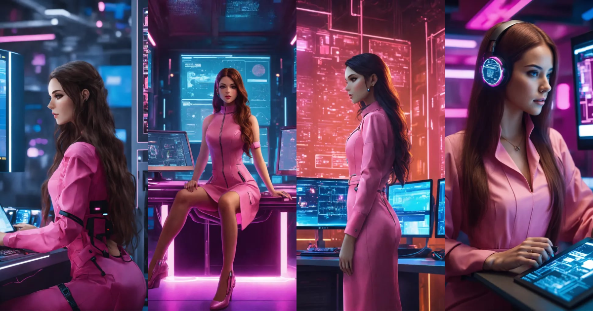 Lexica - Working woman in pink dress, brown long hair, futuristic laboratory with computer ...