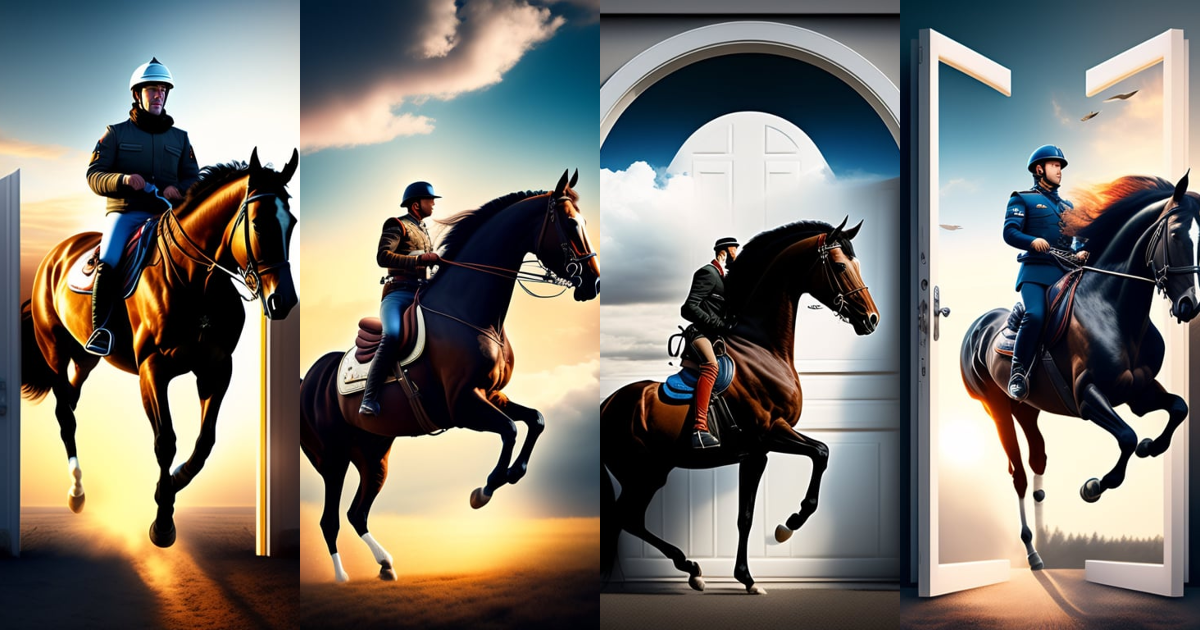 Lexica - Man riding a flying horse entring a big white door in the sky