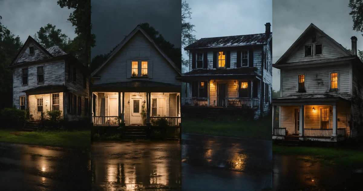 Lexica - Creepy scary one-story white shabby small house in the old ...