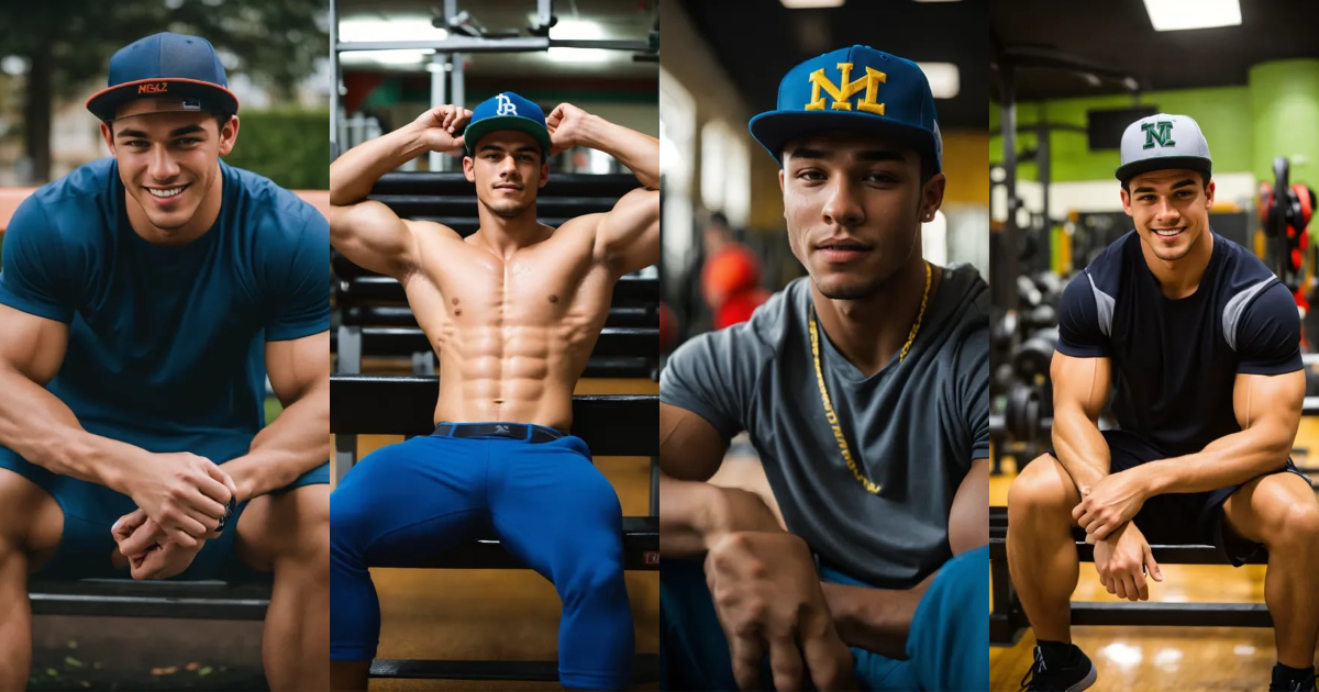 Lexica - College jock sitting on a bench, flexing in a gym, hands ...