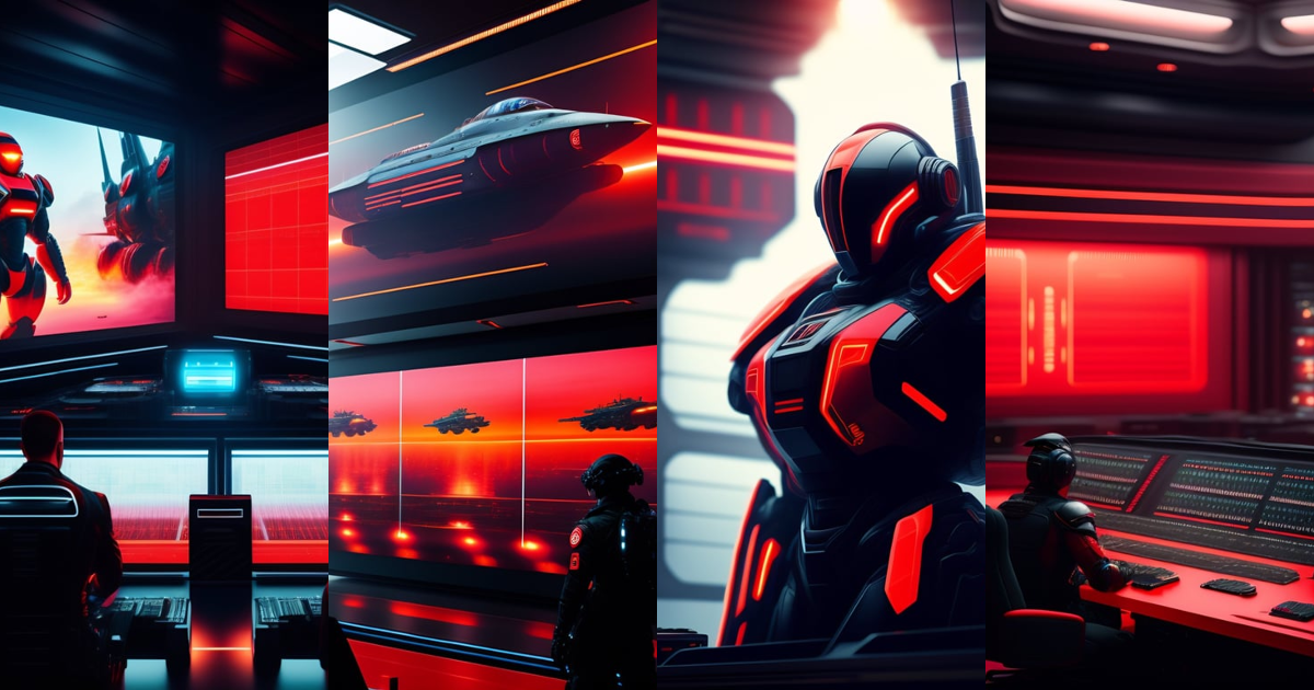 Lexica - Control room , massive , big screen , red black theme , men ...