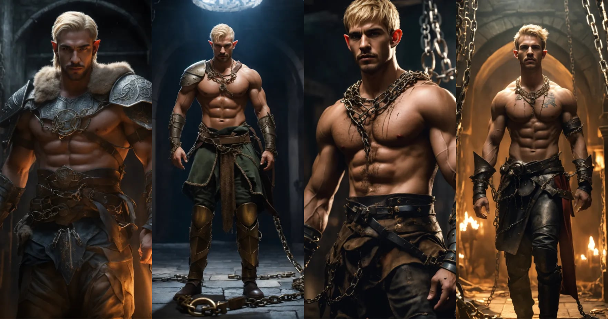 Lexica - Full body strong handsome Dominican god elf chained by enemies ...