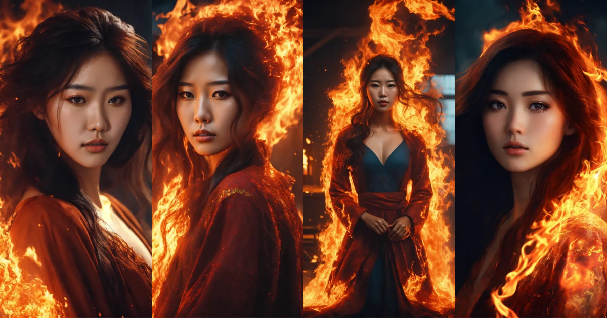Lexica - A korean brunette woman made out of fire and she has hair made ...
