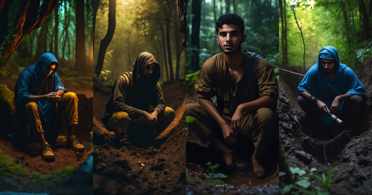 Lexica - A young Arab man in a deep pit in the forest, trying to get ...