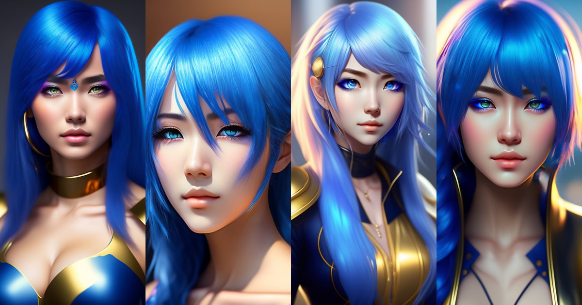 Lexica - Portrait of an anime character hyper realistic blue hair gold eyes