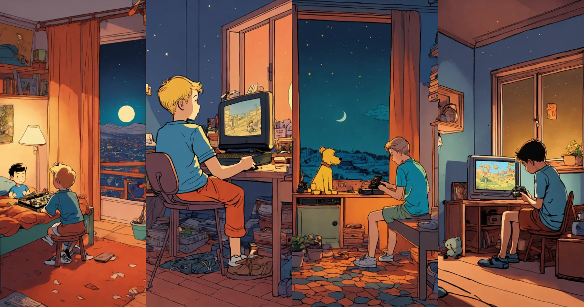 Lexica - A boy playing video games at night in his room, illustration ...