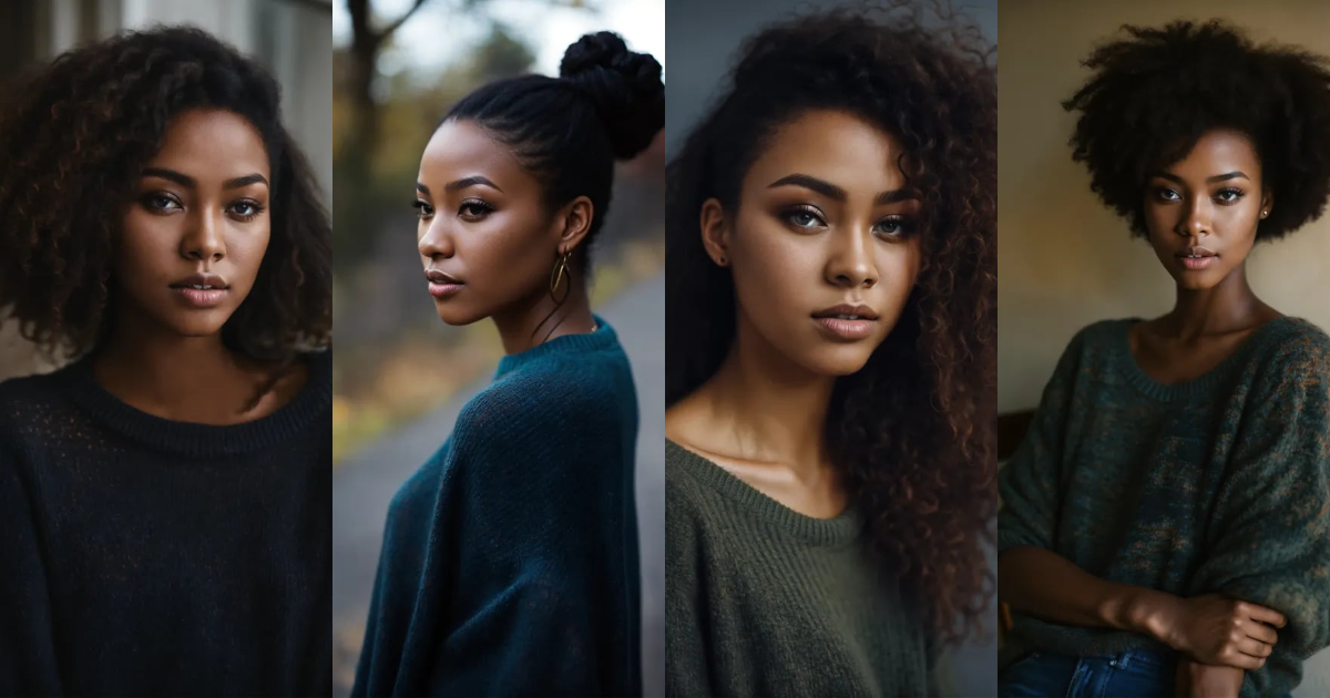 Lexica - Beautiful Black Female, hazy look, slouchy sweater, facing camera