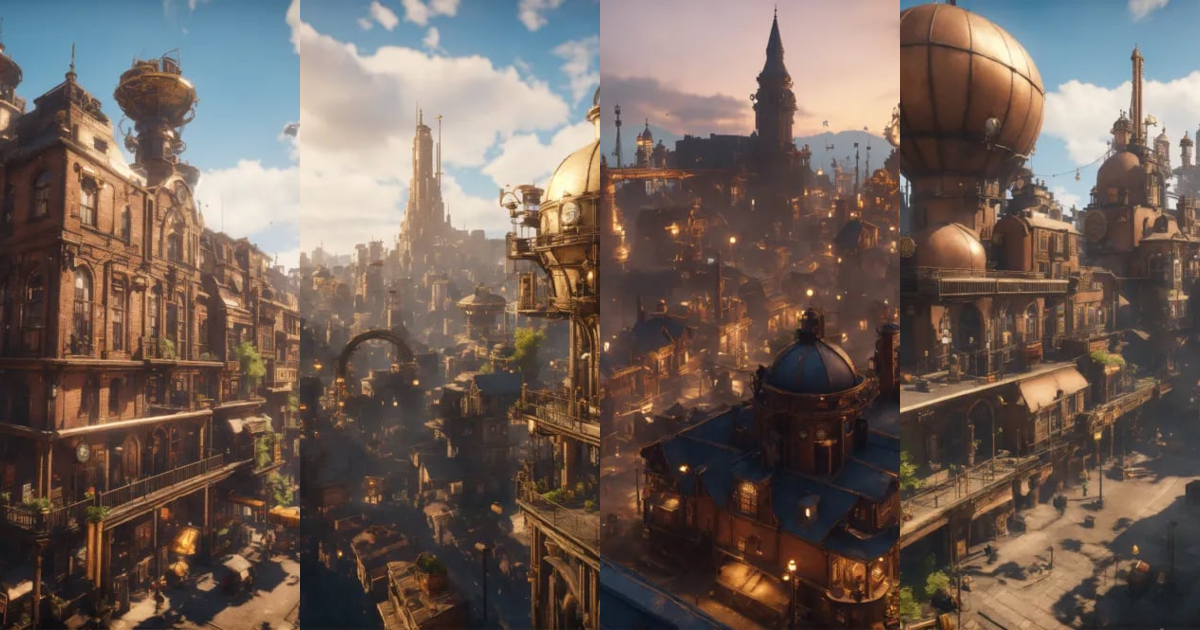 Lexica - Full overhead image of a steampunk city, unreal engine, 8k