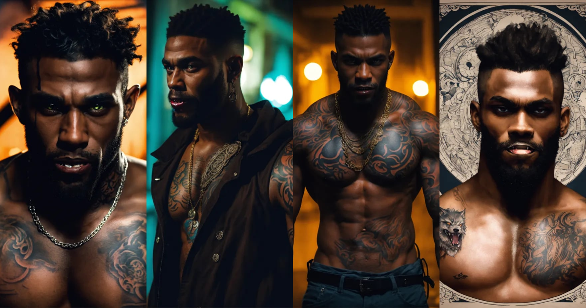 Lexica - Very Handsome, Black man, werewolf eyes, fangs, tattoos on ...