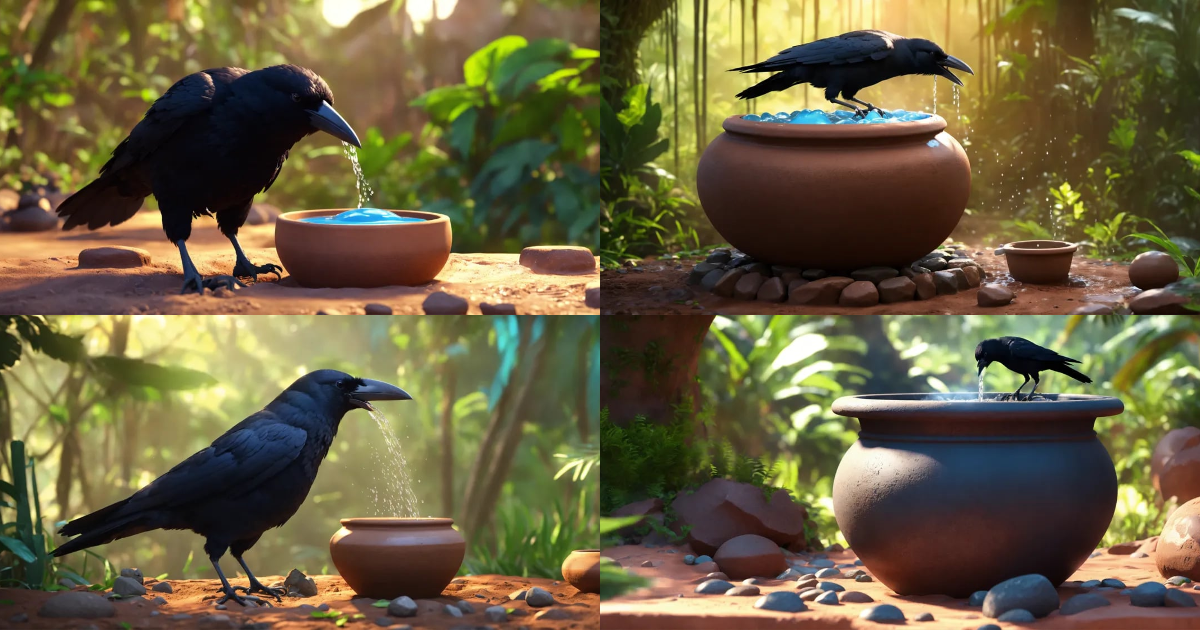 Lexica - 3d animation style crow putting stone in big clay pot fill ...