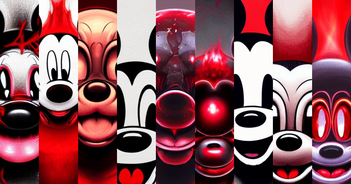 Lexica - Portrait of an evil looking Mickey Mouse, red flames in eyes ...