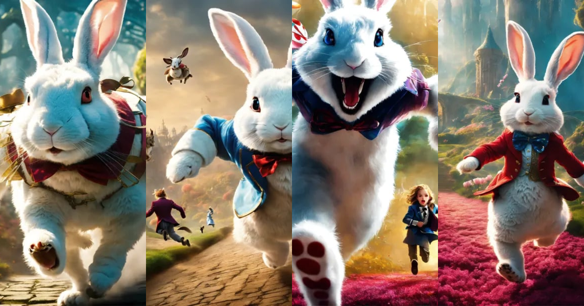 Lexica - A white rabbit from Alice in wonderland, running from a giant ...