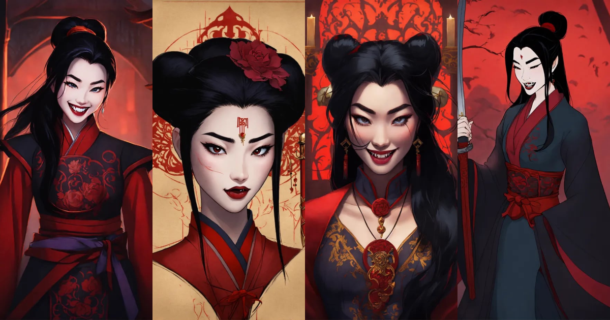 Lexica - Disney Mulan as a gothic vampire with teeth fangs showing
