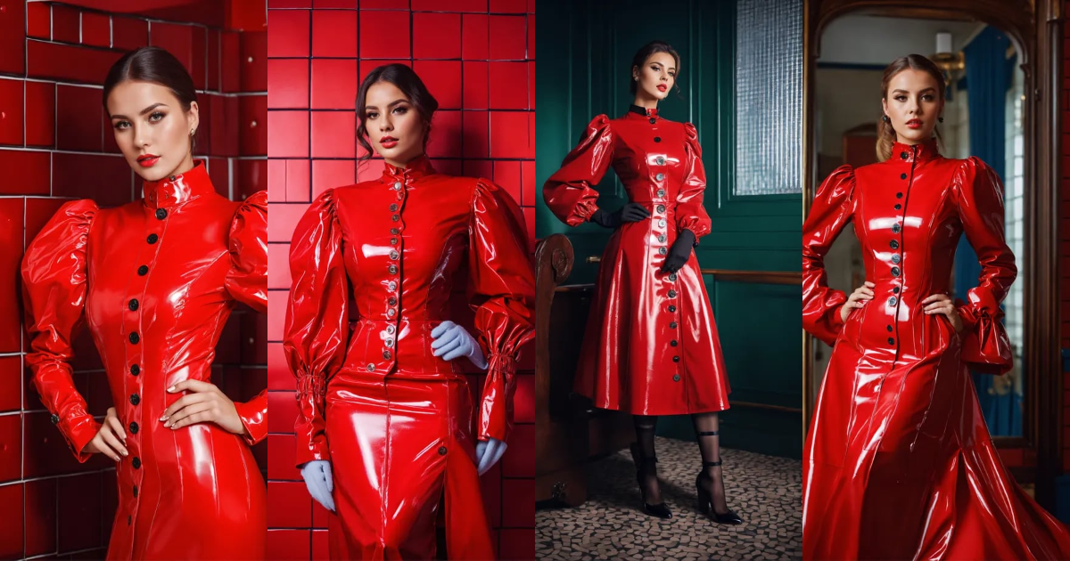 Lexica - Stunning european woman in red pvc governess dress wit buttons ...