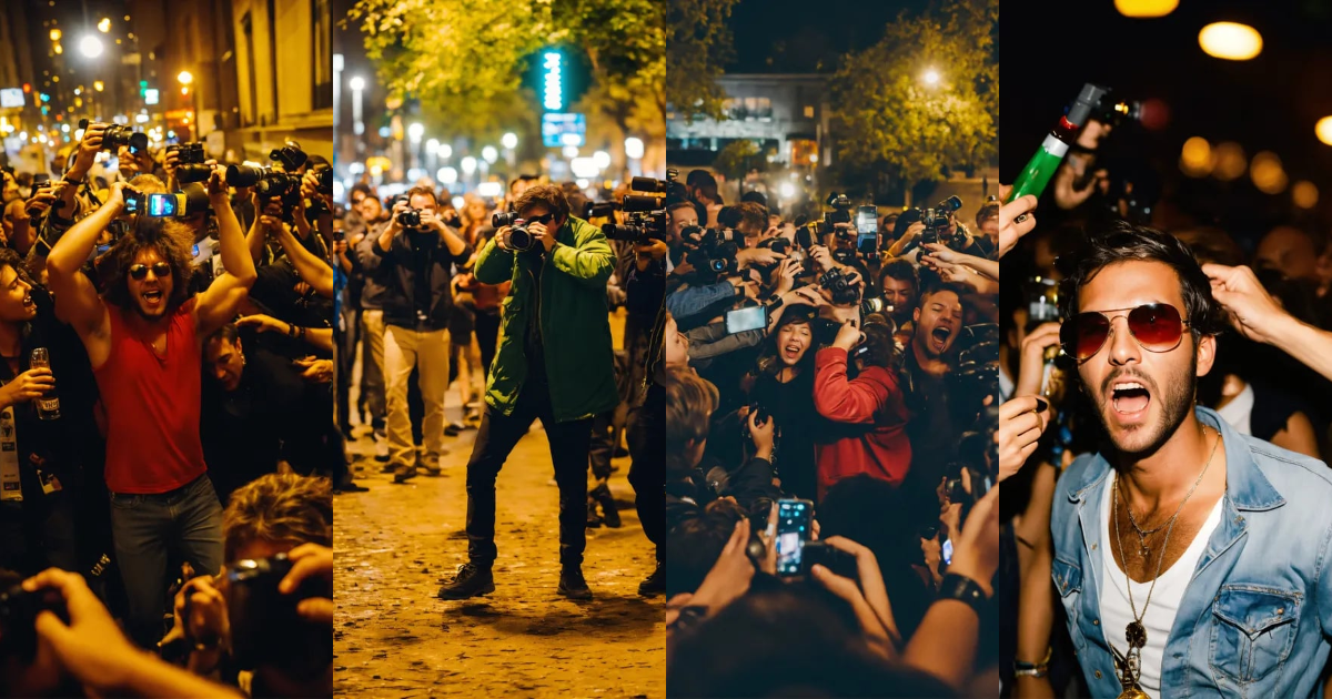 Lexica - A person drunk with power, surrounded by paparazzi