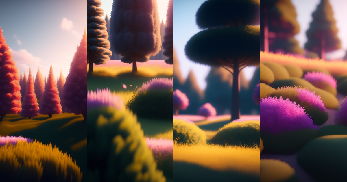 Lexica - Furry trees in a flowery meadow, 4K octane render, volumetric ...