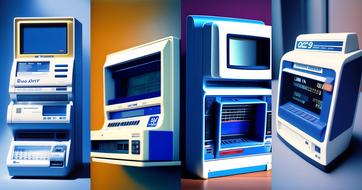 Lexica - A payments terminal, blue and white, vhs art, 80s