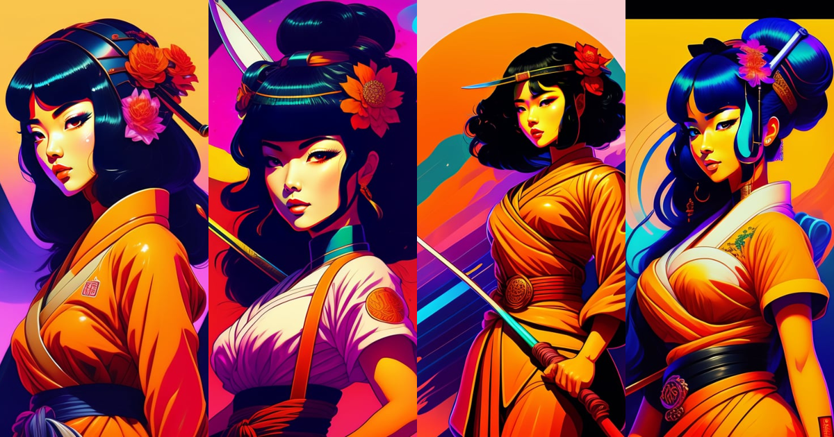 Lexica - Geisha holding a katana with a psychedelic backgroun, style of ...