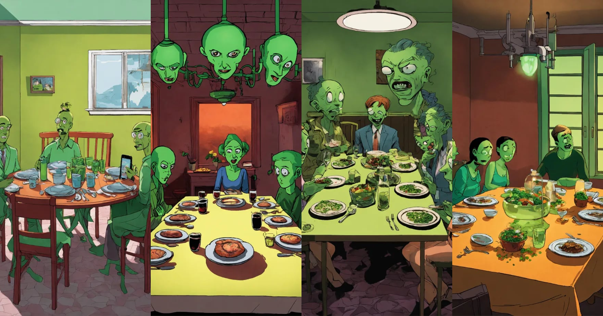 Lexica - Create a comic cartoon poster depicting a dinner scene where ...
